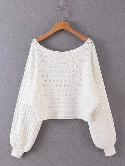 White Off Shoulder Puff Sleeve Sweater | Choies