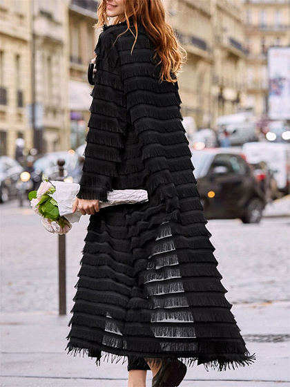 Black Tassel Trim Long Sleeve Longline Coat | Choies