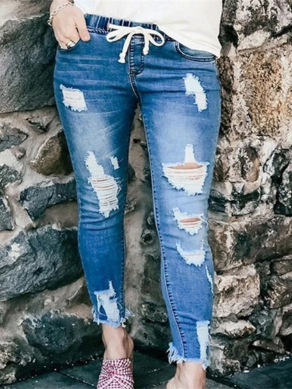 Blue High Waist Ripped Jeans | Choies