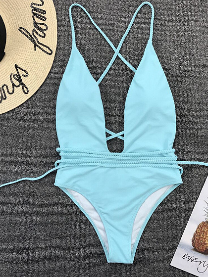 Blue Plunge Open Back Swimsuit | Choies