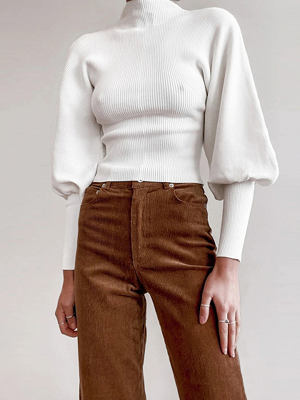 White High Neck Puff Sleeve Sweater | Choies