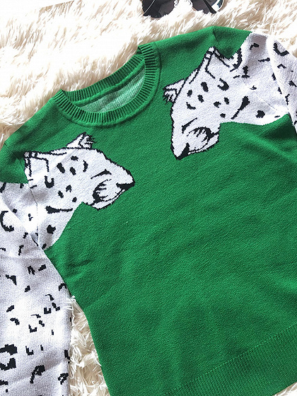 Green Leopard Print Panel Long Sleeve Sweater | Choies