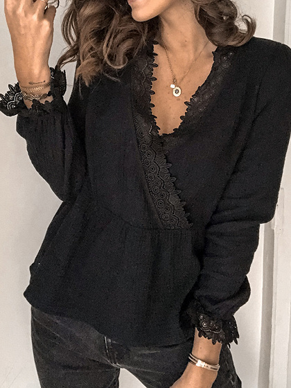 Black V-neck Lace Panel Long Sleeve Blouse | Choies
