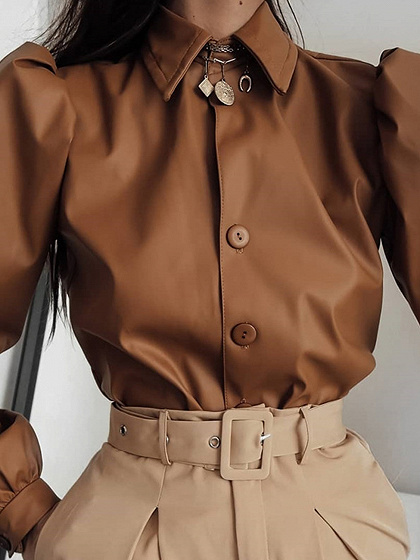 Brown Puff Sleeve Shirt | Choies