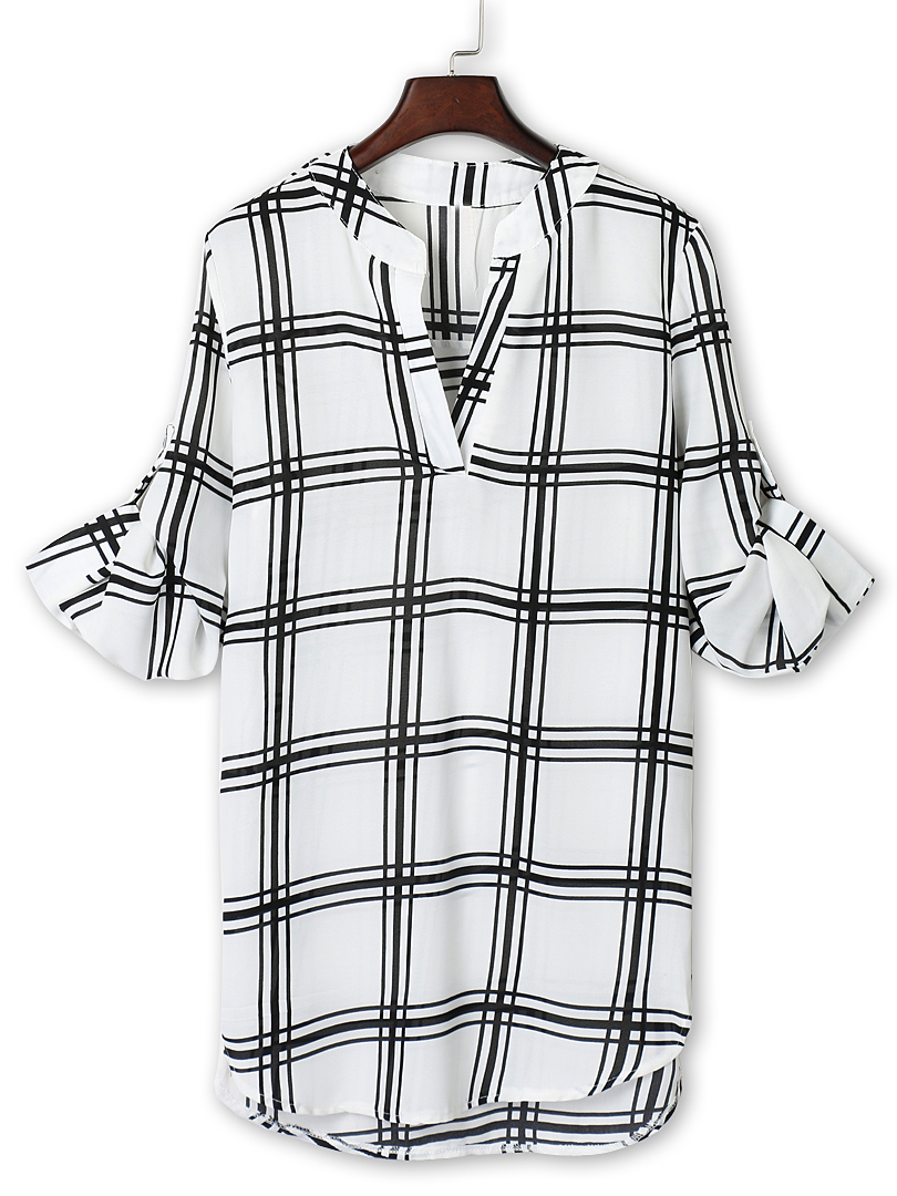 Multicolor Plaid V Neck Roll-up Sleeve Shirt | Choies