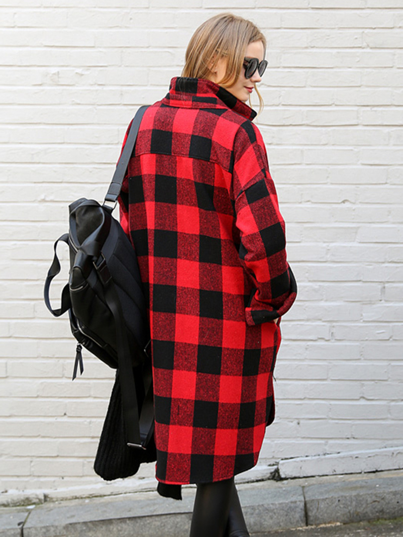 Red Plaid Lapel Slit Side Long Shirt | Choies