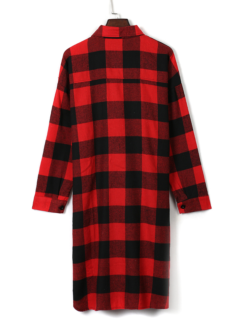 Red Plaid Lapel Slit Side Long Shirt | Choies