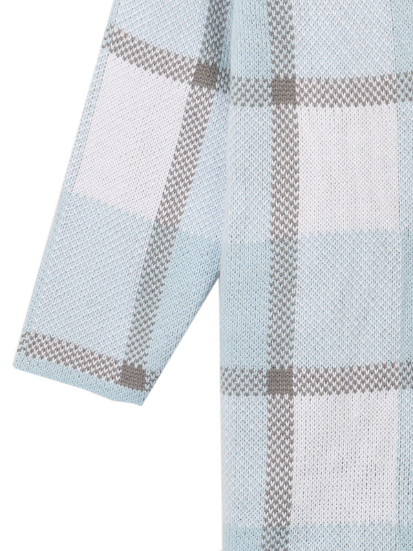 Light Blue Plaid Single Breasted Long Sleeve Knit Coat | Choies