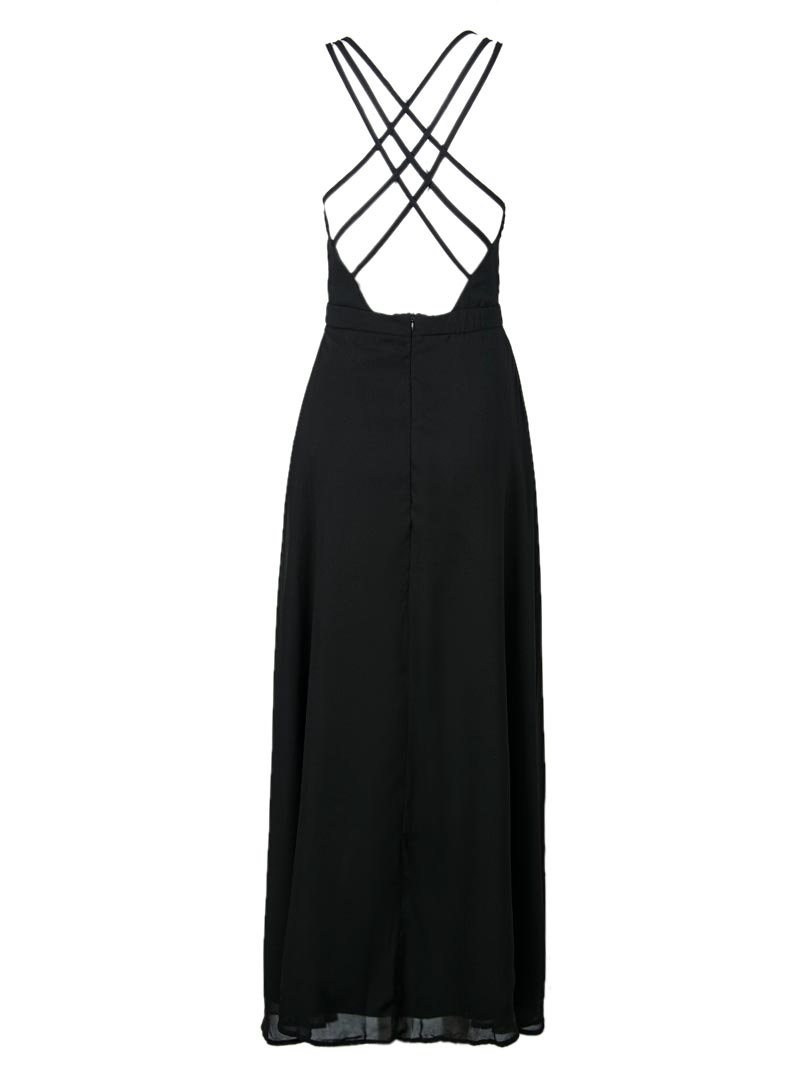 Black V-neck Strappy Backless Cami Split Maxi Dress | Choies