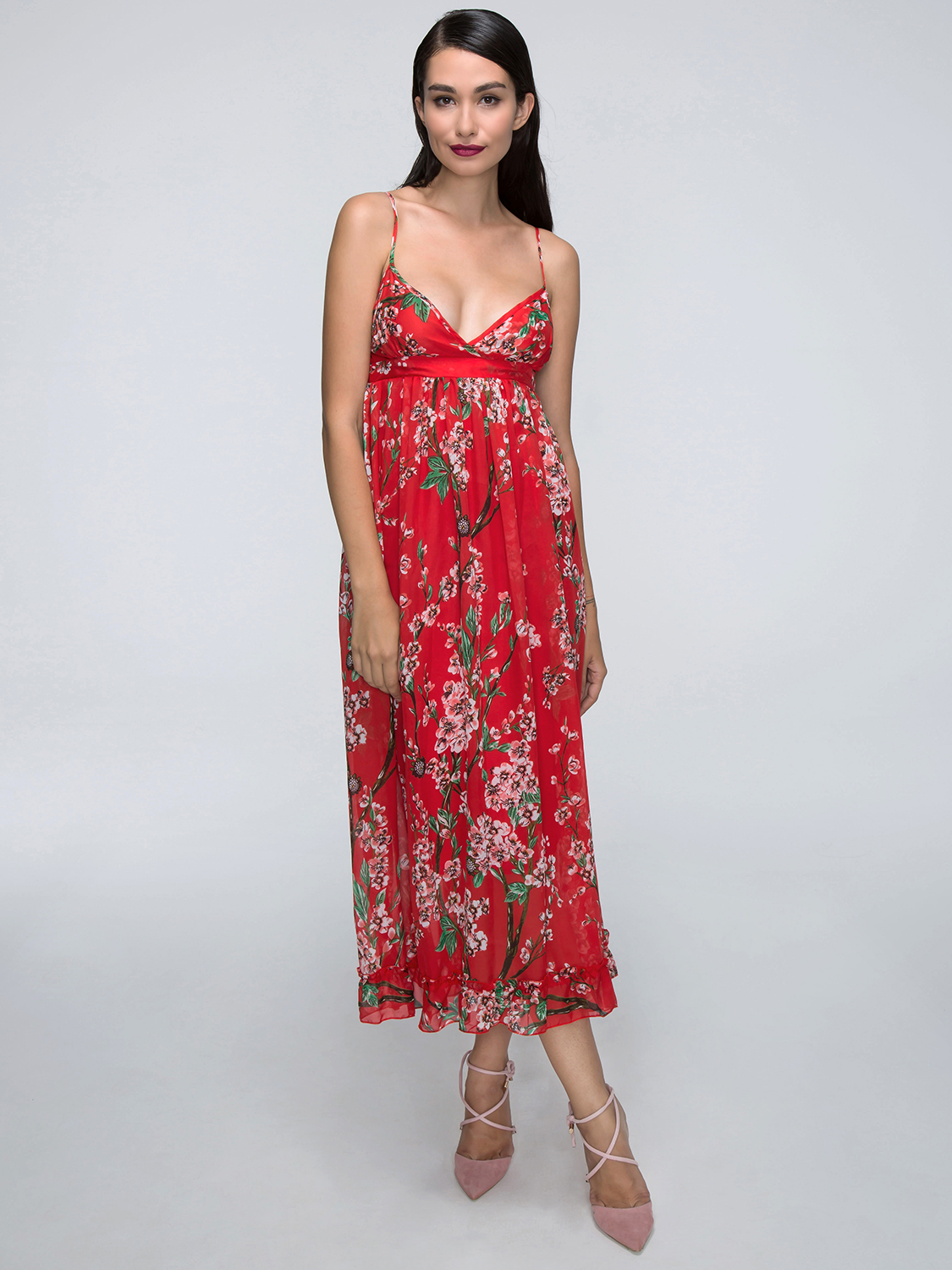 Red V-neck Plum Floral Print Frill Hem Cami Chiffon Maxi Dress | Choies