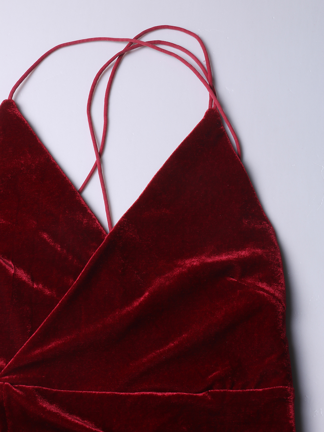Burgundy Wrap V-neck Split Front Backless Velvet Maxi Dress | Choies