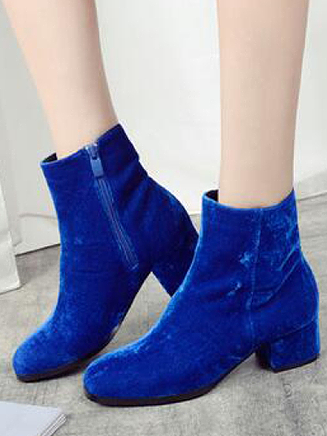 Blue Velvet Zip Side Heeled Ankle Boots | Choies