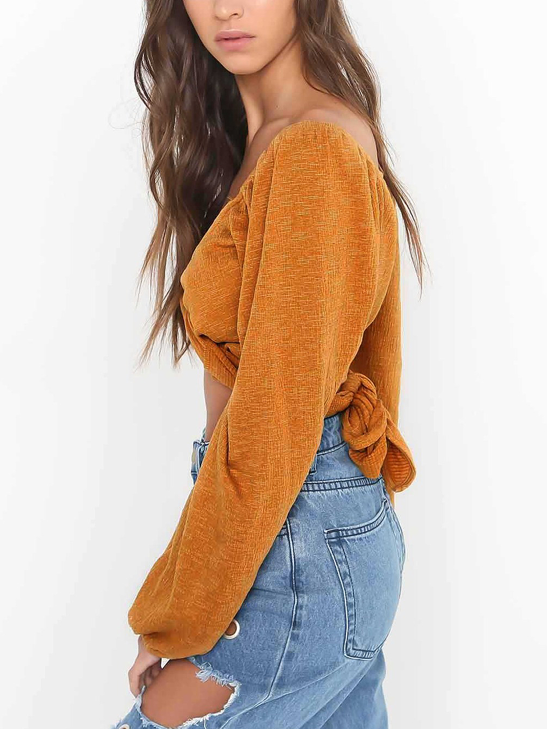 Dark Orange Twist Front Tie Back Long Sleeve Crop Top | Choies