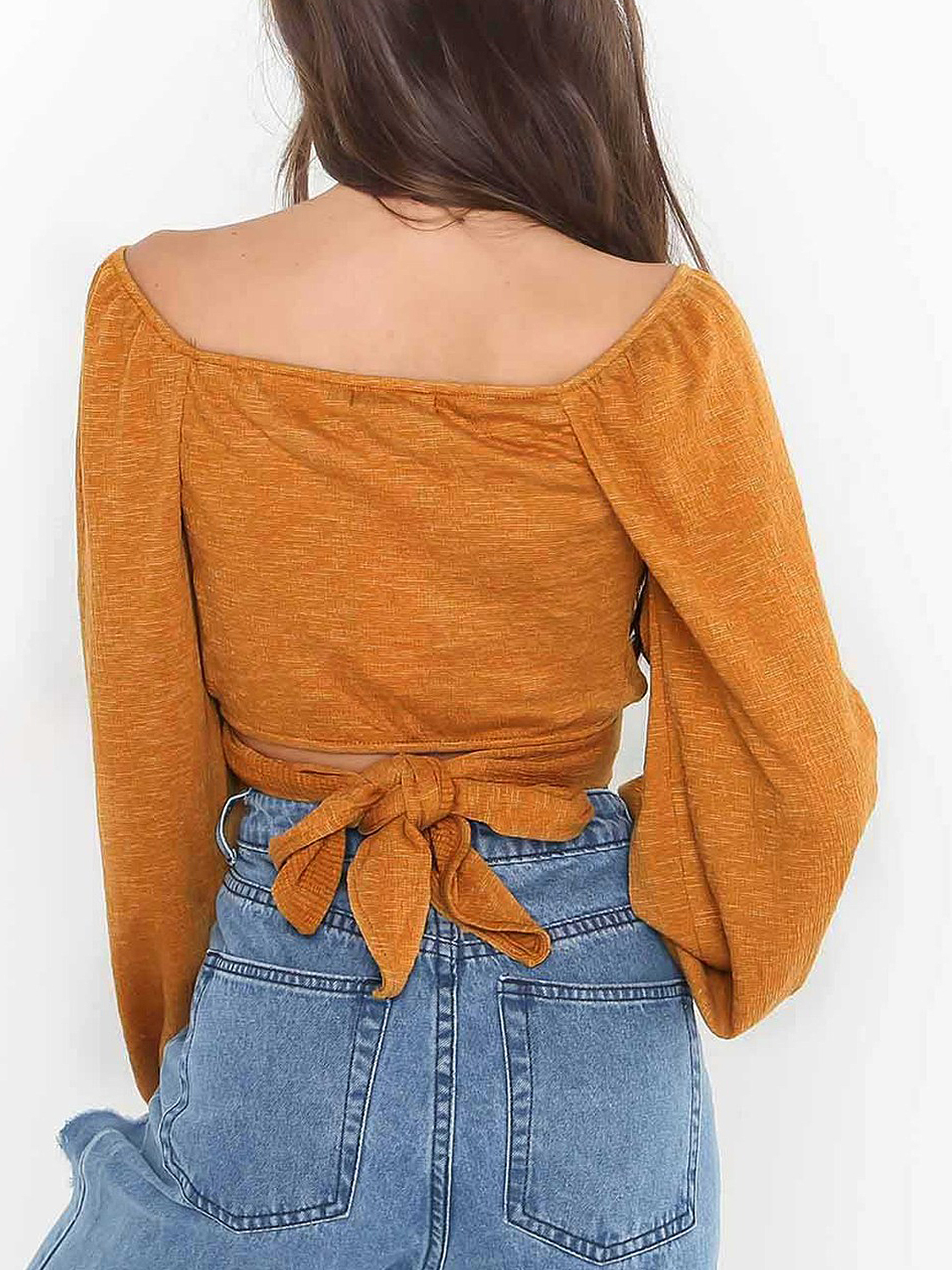 Dark Orange Twist Front Tie Back Long Sleeve Crop Top | Choies