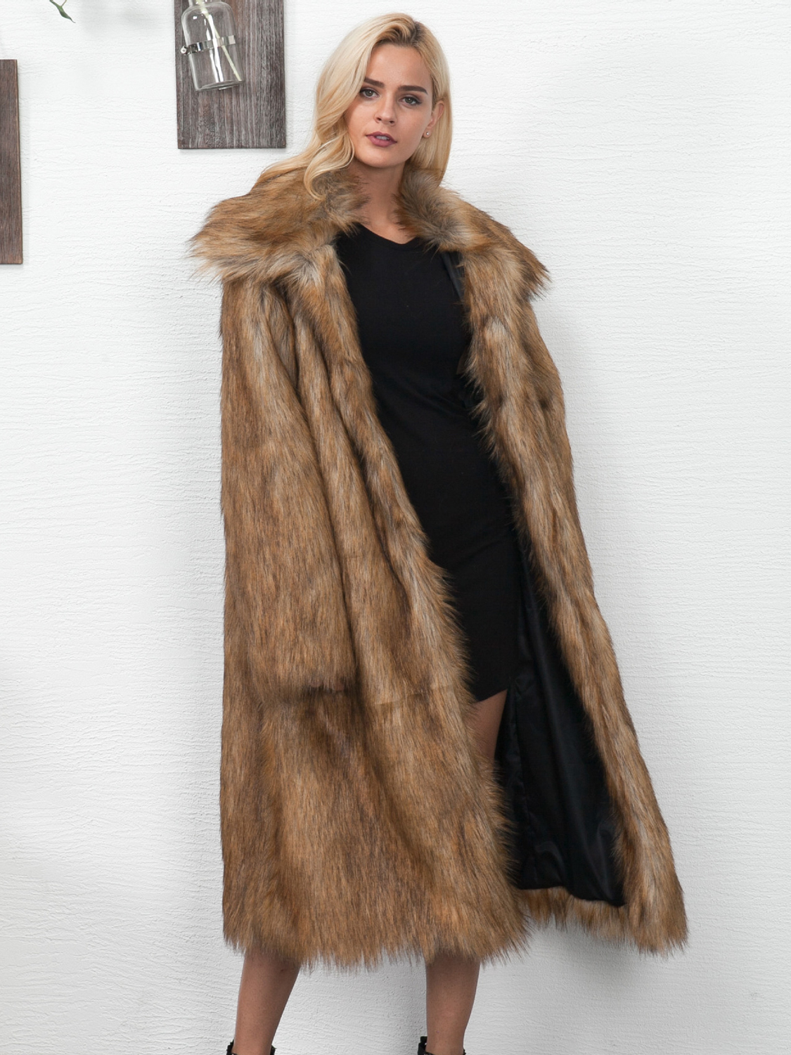Brown Lapel Longline Faux Fur Coat | Choies