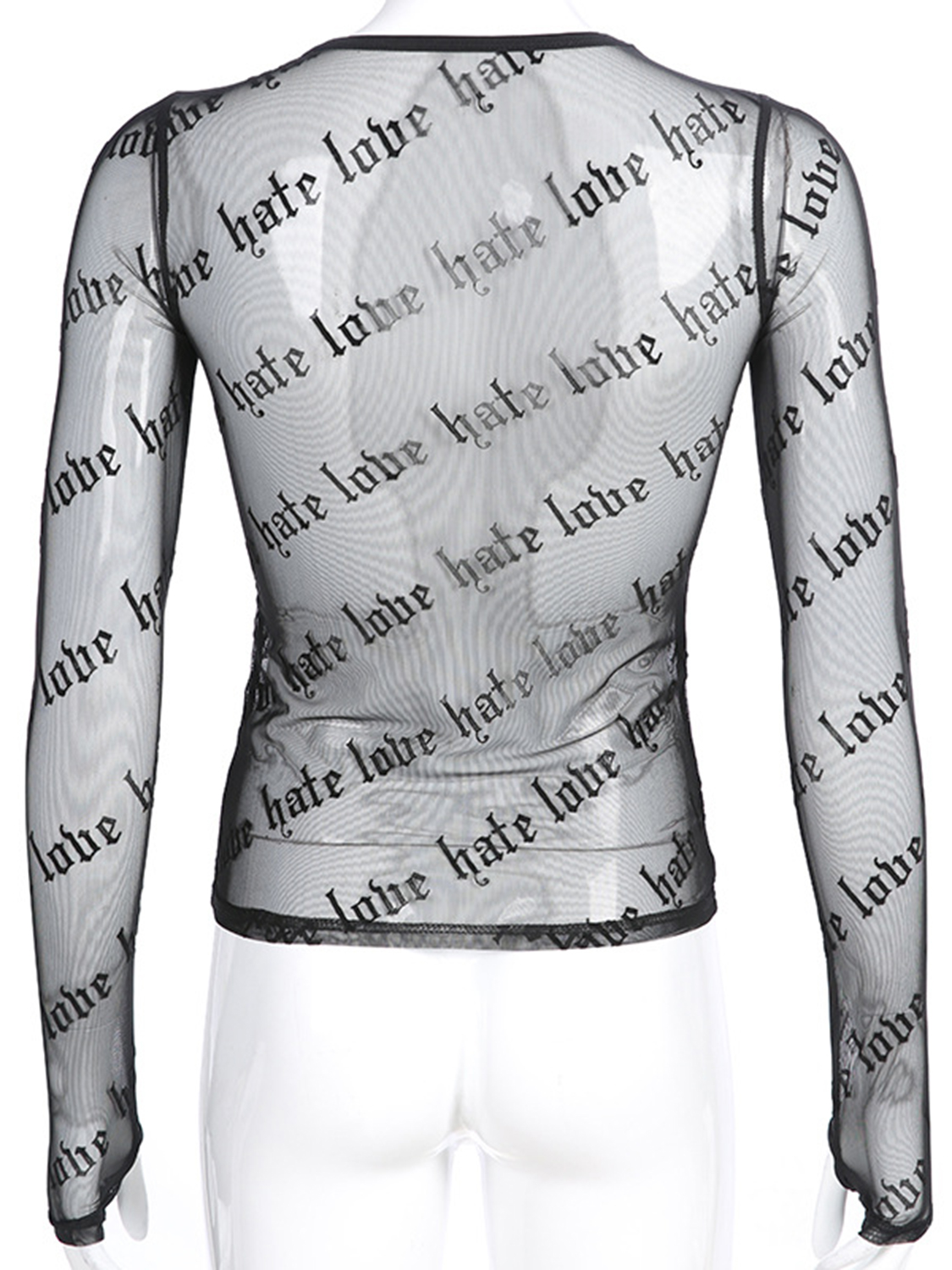 Black Letter Print Long Sleeve Sheer Mesh Blouse | Choies