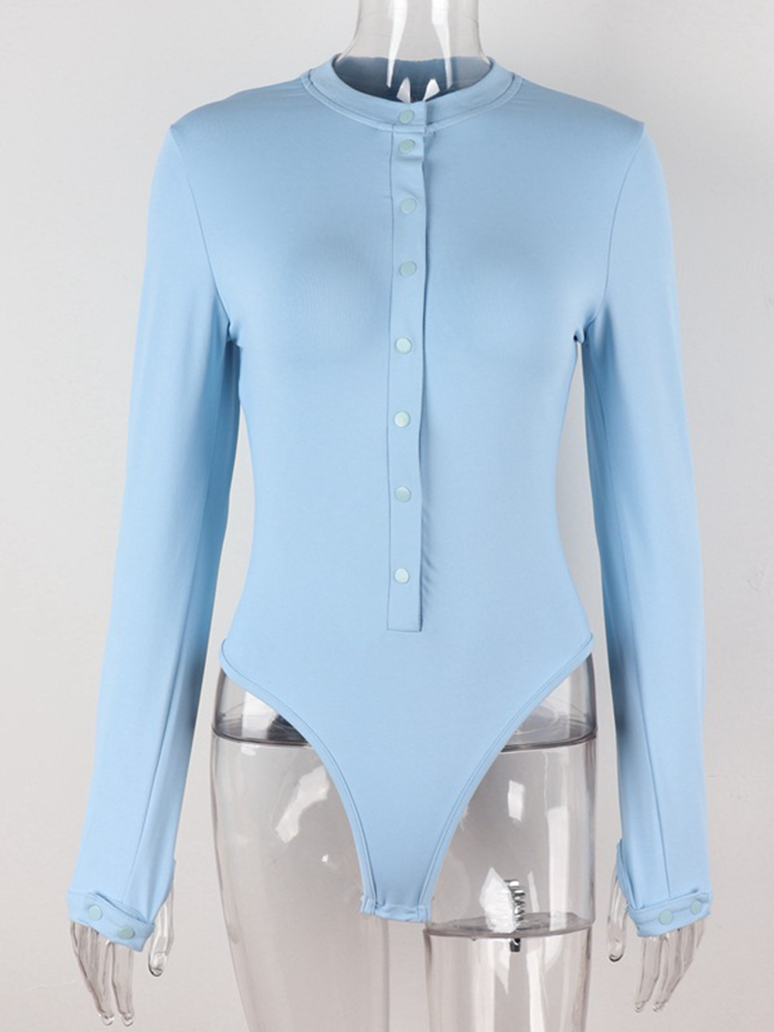 Blue Button Placket Front Long Sleeve Bodysuit | Choies
