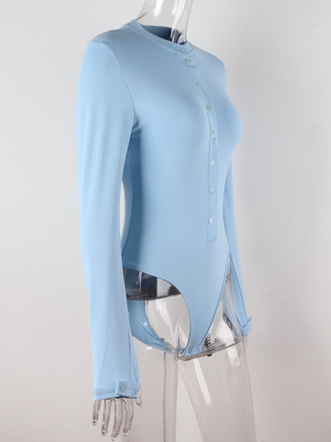 Blue Button Placket Front Long Sleeve Bodysuit | Choies