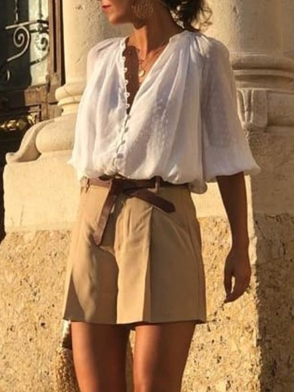 White V-neck Puff Sleeve Shirt | Choies