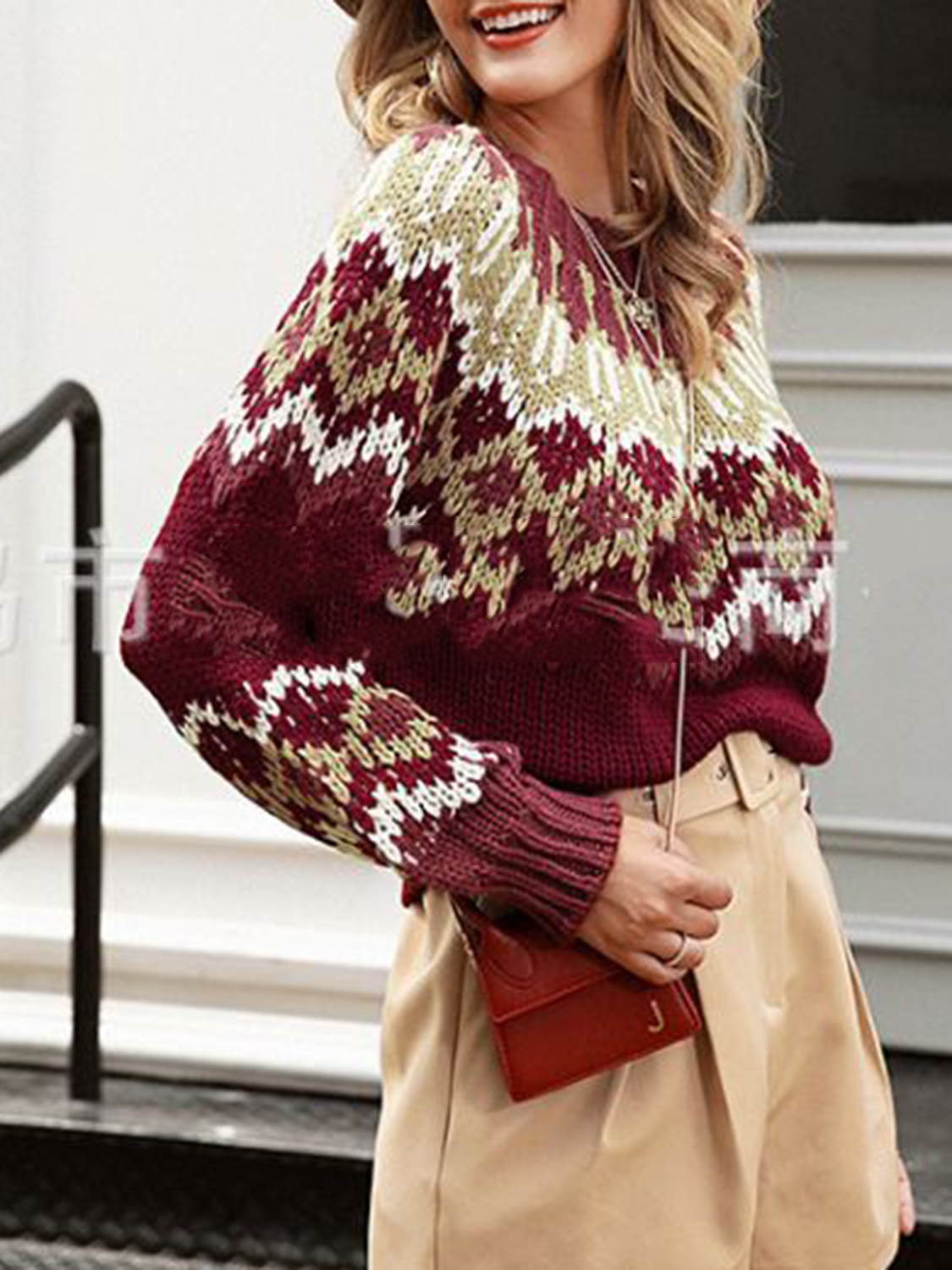 Burgundy Long Sleeve Bohemian Sweater | Choies