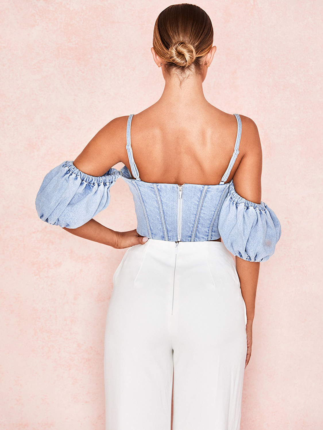 Blue V-neck Puff Sleeve Denim Crop Cami Top | Choies