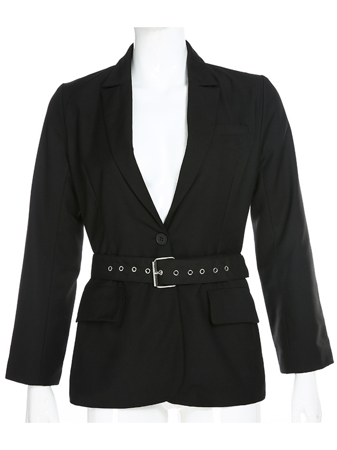 Black Lapel Neck Buckle Strap Waist Long Sleeve Blazer | Choies