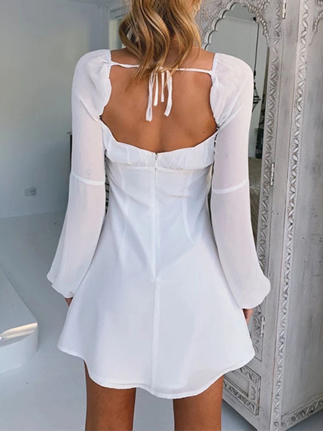 White Ruched Detail Long Sleeve Mini Dress Choies