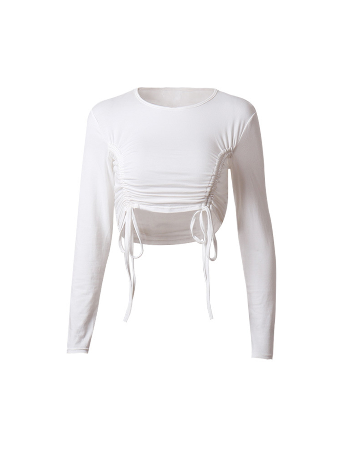 White Drawstring Front Long Sleeve Crop Top | Choies