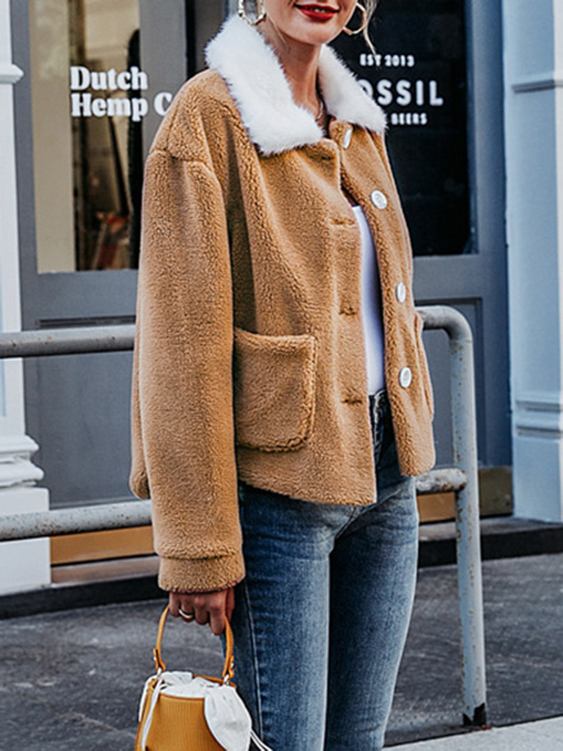 Light Brown Lapel Neck Long Sleeve Fluffy Jacket | Choies