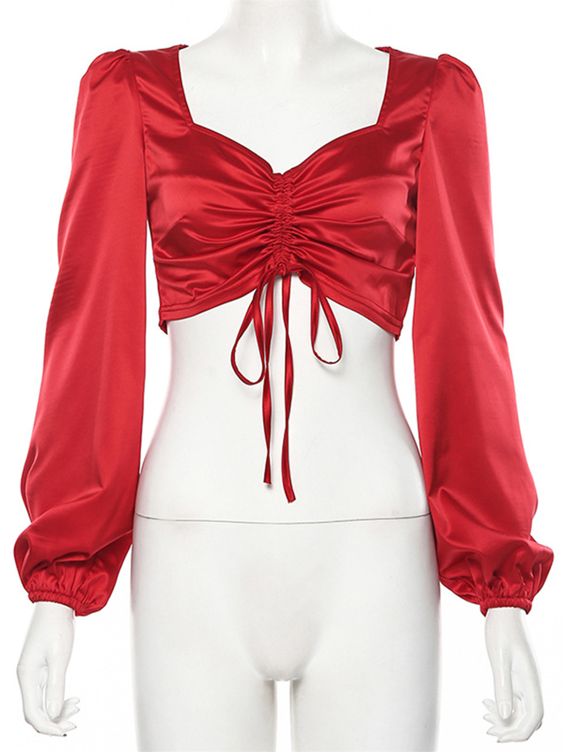 Red V-neck Drawstring Front Puff Sleeve Crop Top | Choies