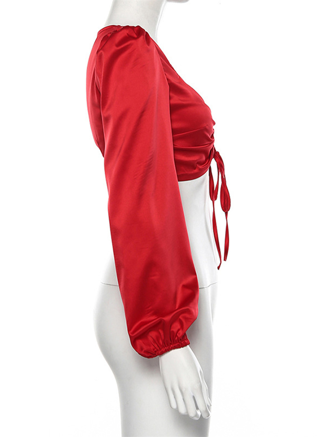 Red V-neck Drawstring Front Puff Sleeve Crop Top | Choies
