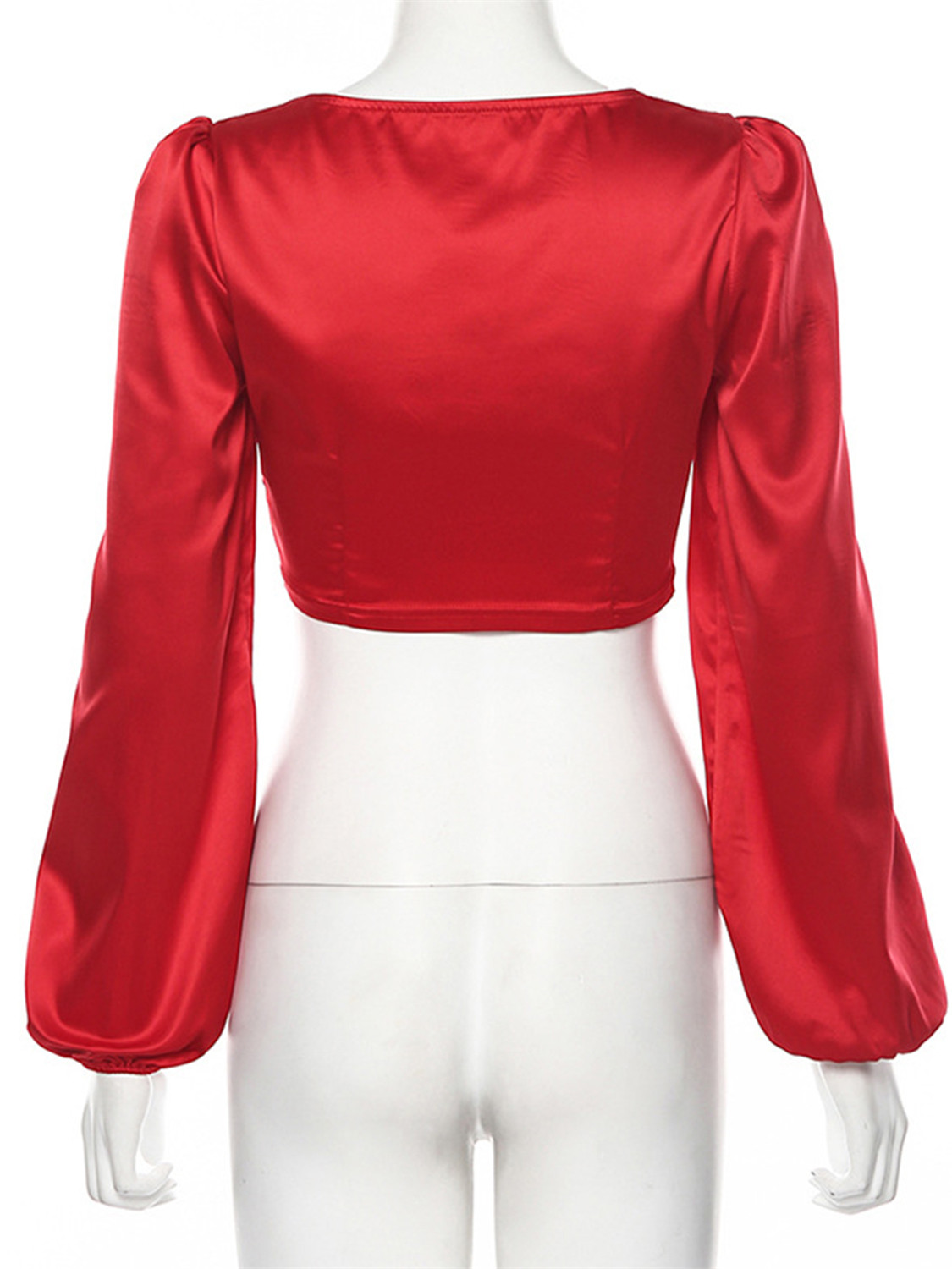 Red V-neck Drawstring Front Puff Sleeve Crop Top | Choies