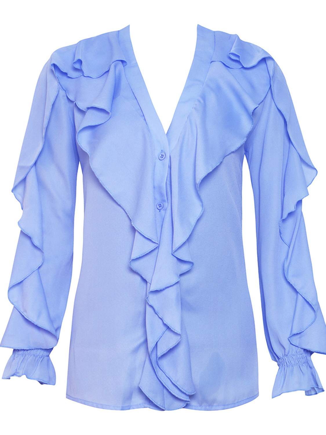 Light Blue Chiffon V-neck Ruffle Trim Long Sleeve Shirt | Choies
