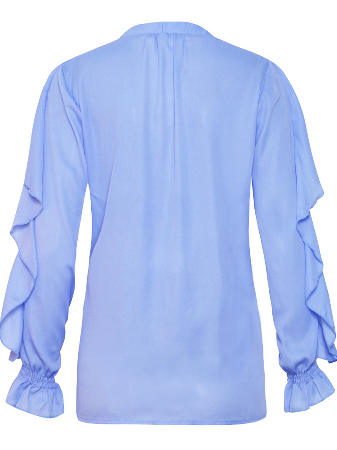 Light Blue Chiffon V-neck Ruffle Trim Long Sleeve Shirt | Choies