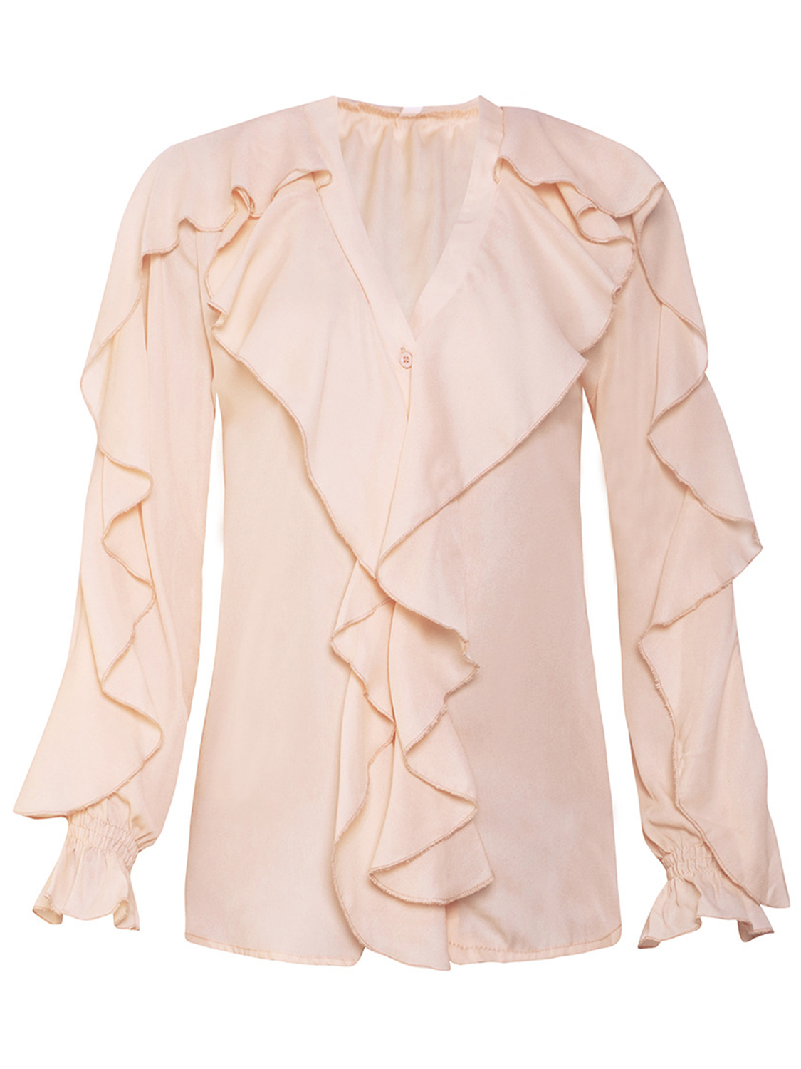 Beige Chiffon V-neck Ruffle Trim Long Sleeve Shirt | Choies