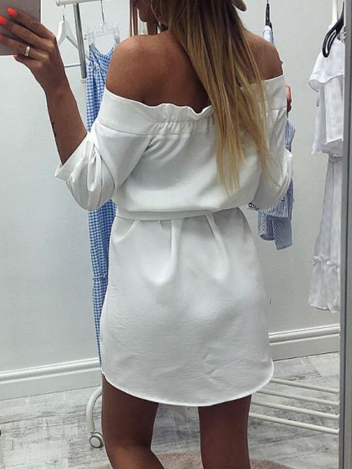 White Off Shoulder Buckle Strap Waist Mini Dress | Choies