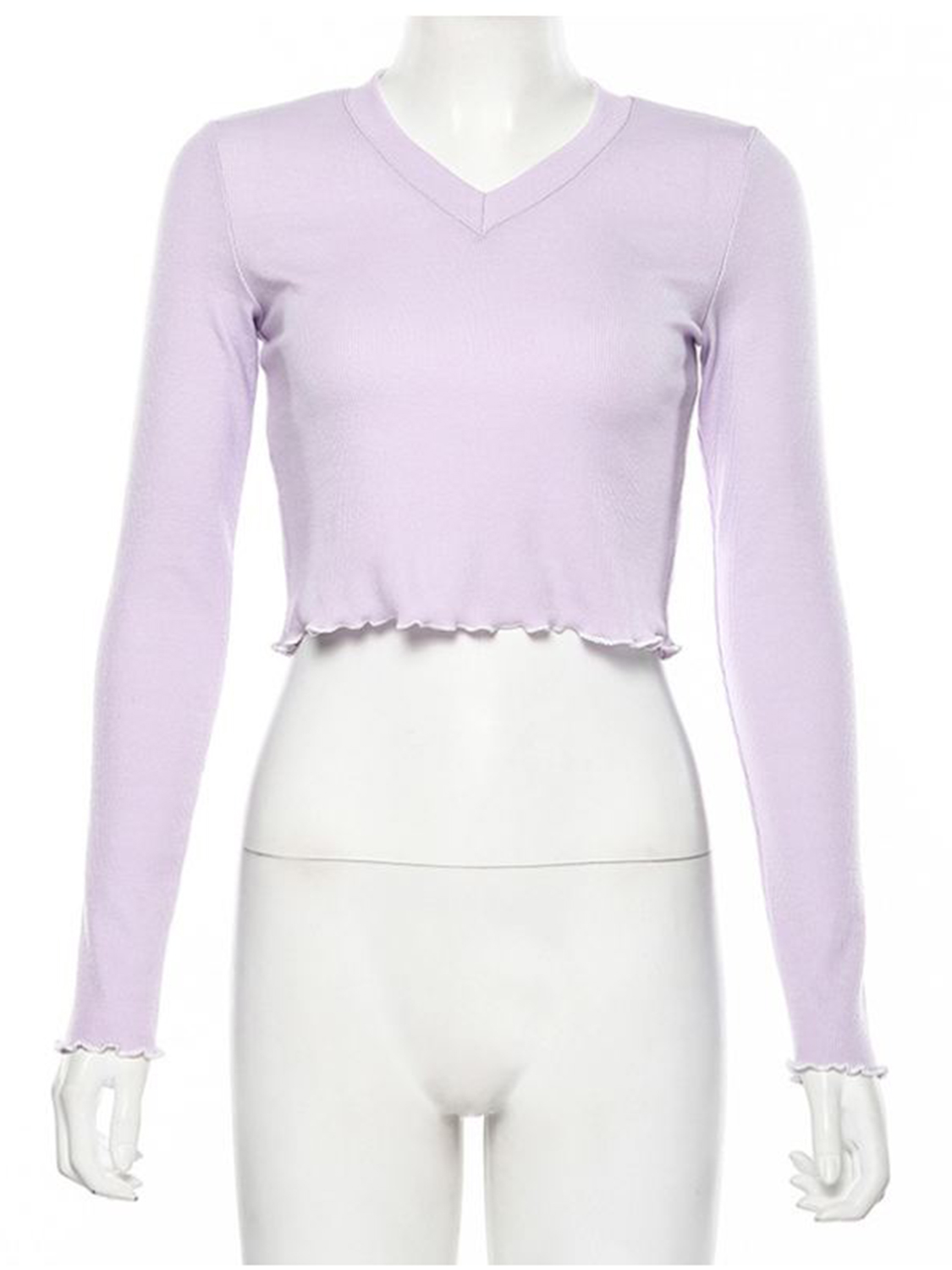 Purple V-neck Long Sleeve Crop Top | Choies