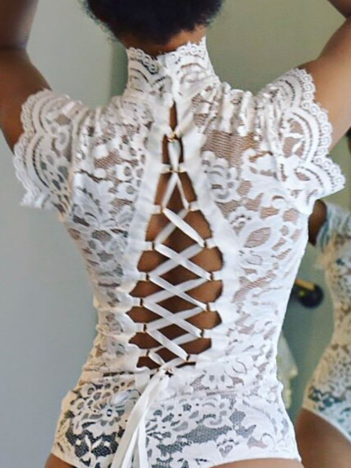 White Lace Up Back Sleeveless Lace Bodysuit | Choies