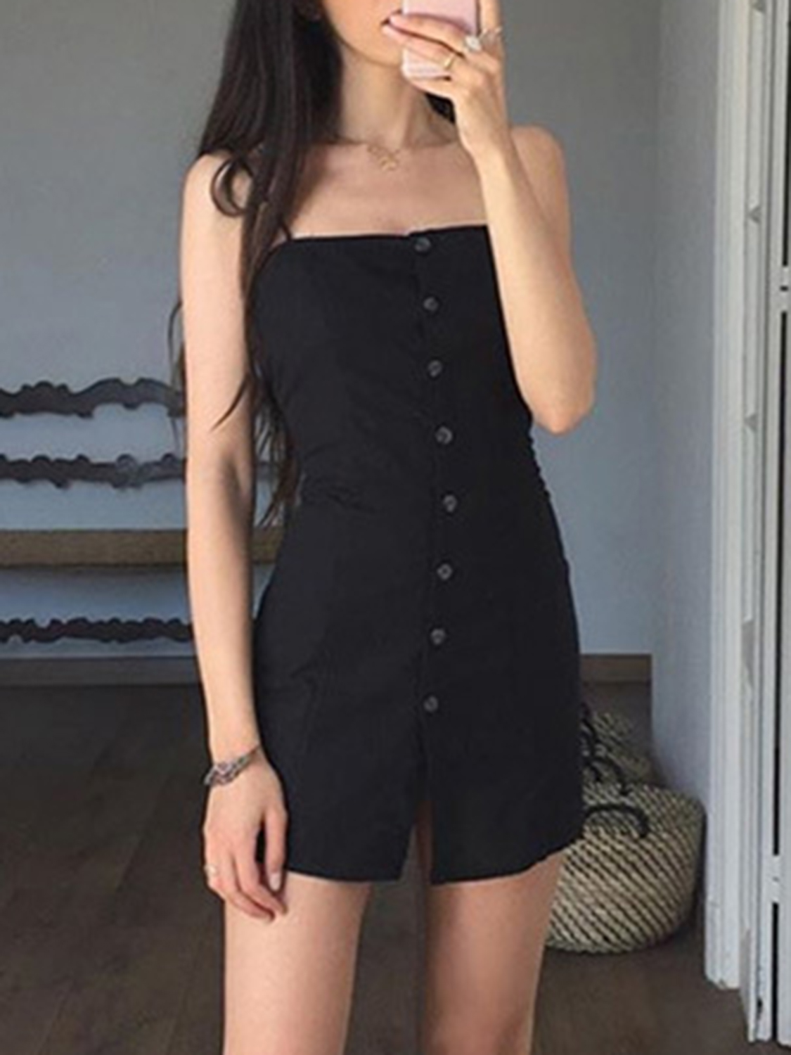 Black Button Placket Front Cami Mini Dress | Choies