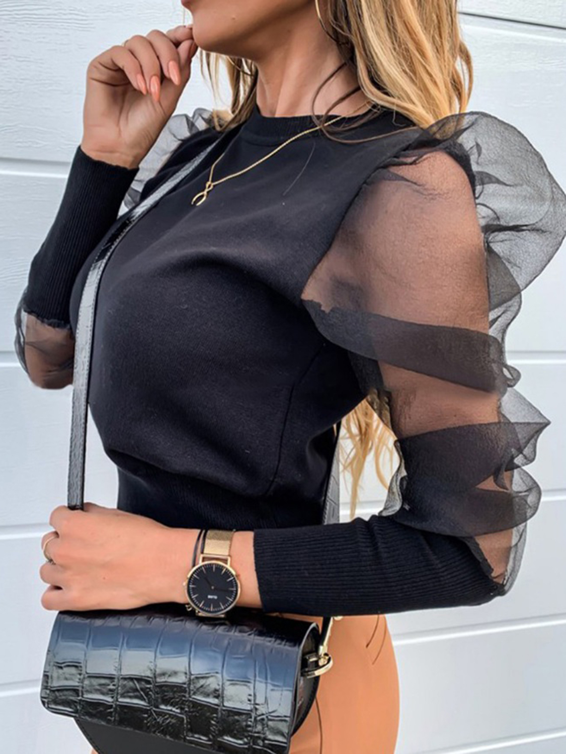 Black Sheer Mesh Panel Puff Sleeve Blouse | Choies