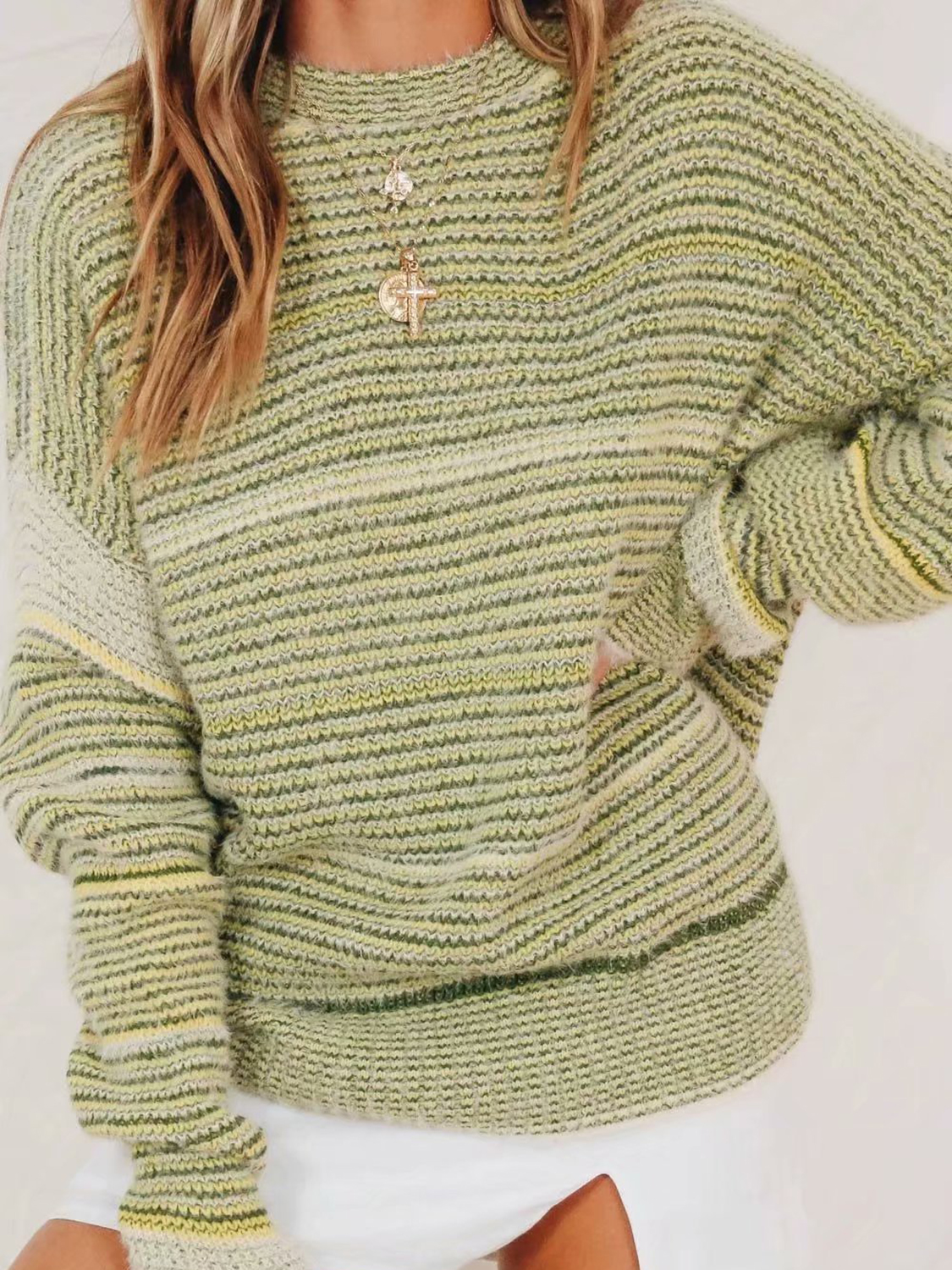 Light Green Stripe Long Sleeve Mohair Knit Sweater | Choies