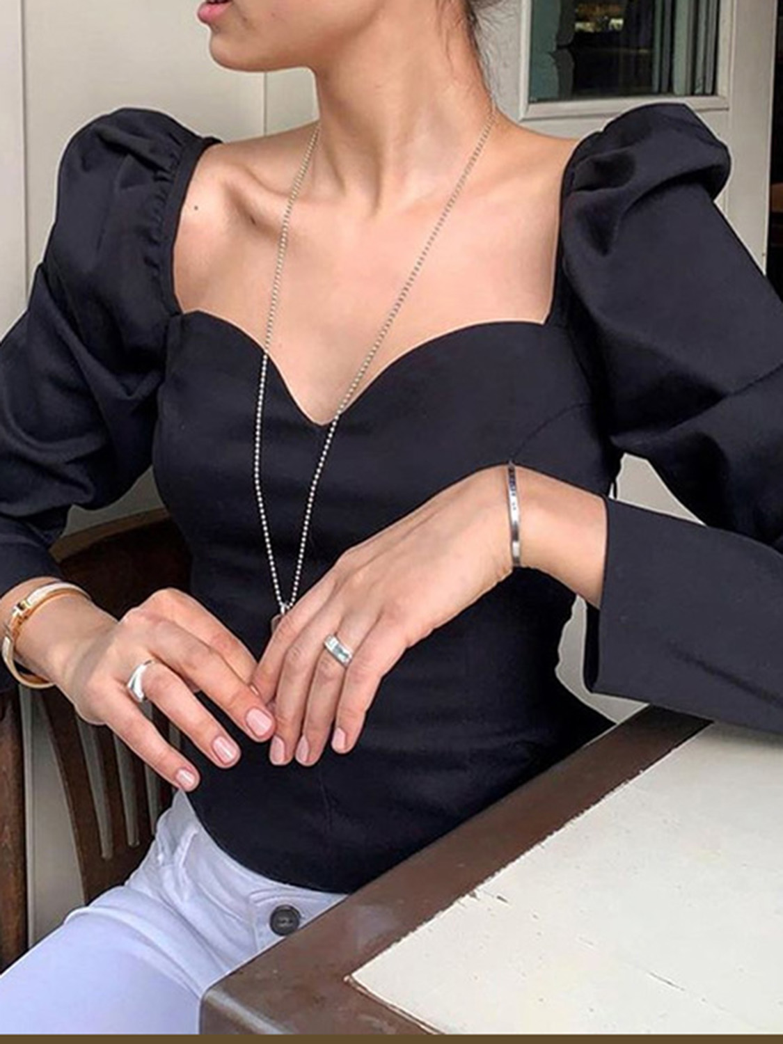 Black V-neck Puff Sleeve Blouse | Choies