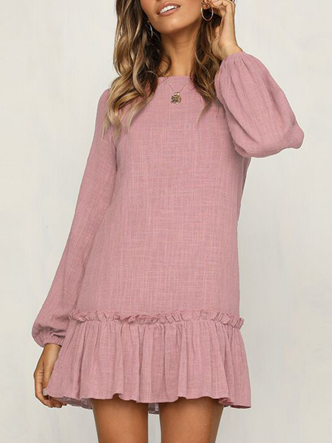 Pink Ruffle Hem Puff Sleeve Mini Dress | Choies