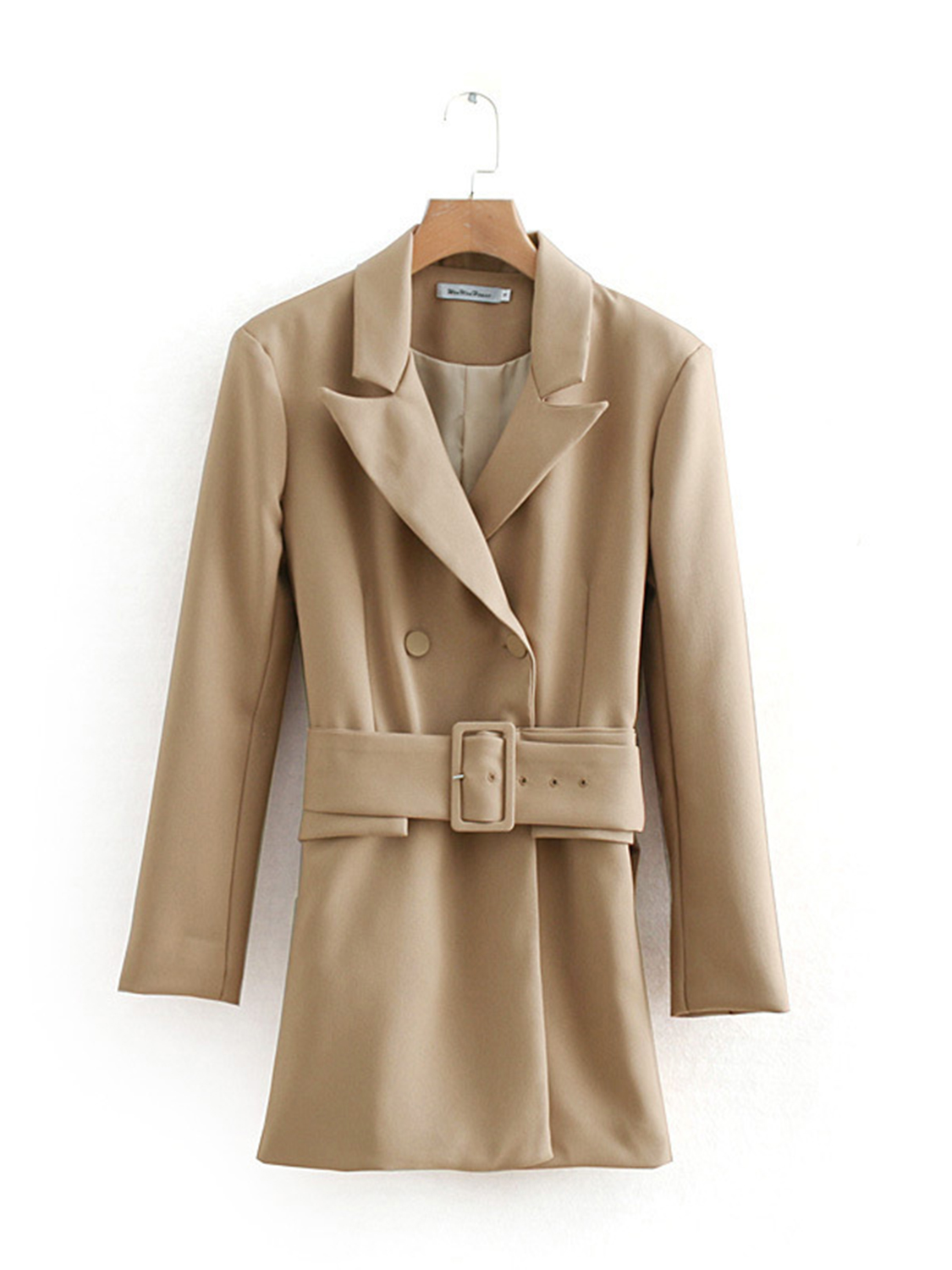 Khaki Lapel Neck Buckle Strap Waist Long Sleeve Coat | Choies