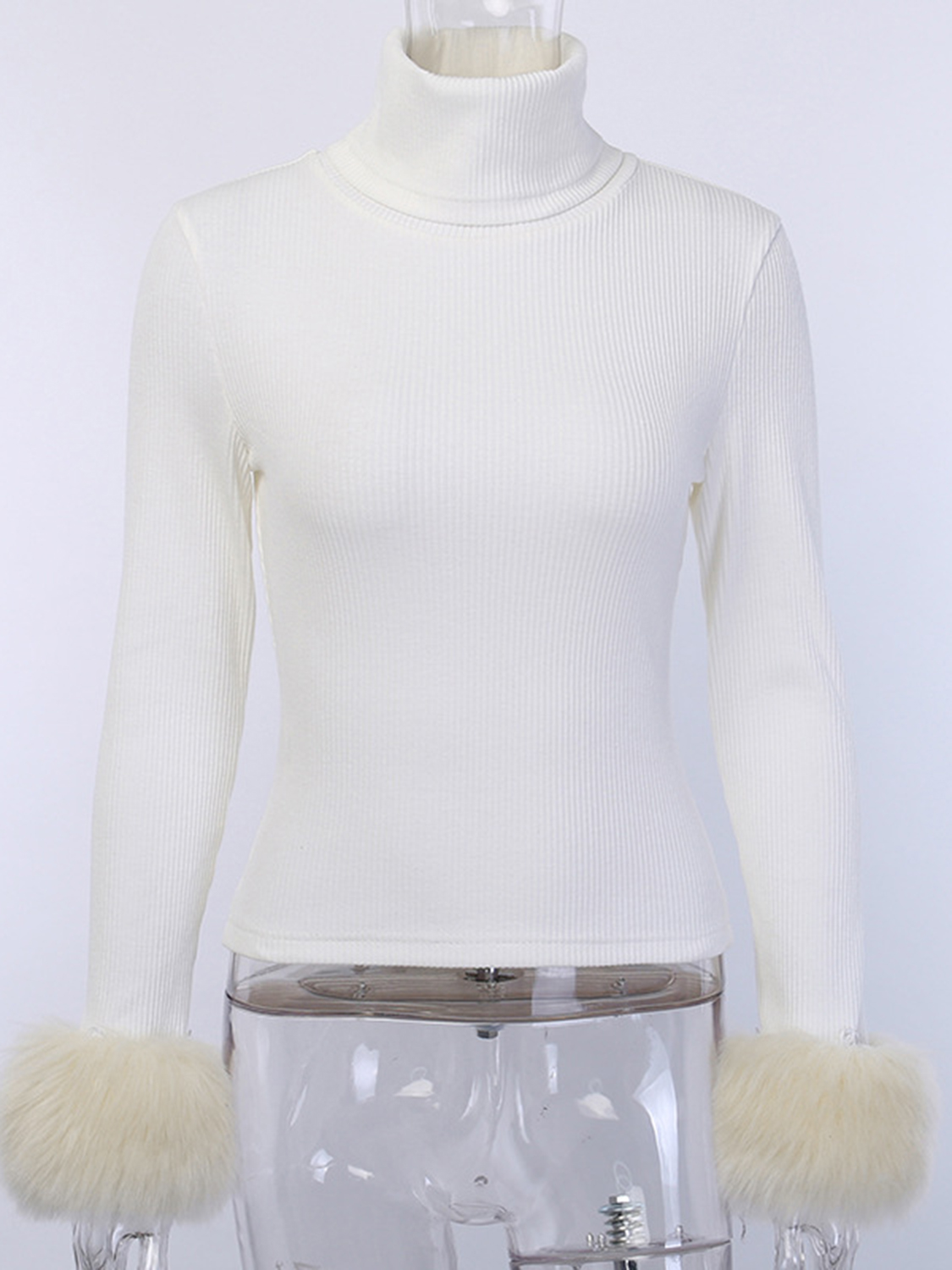 White Ribbed High Neck Fur Cuff Long Sleeve Sweater | Choies