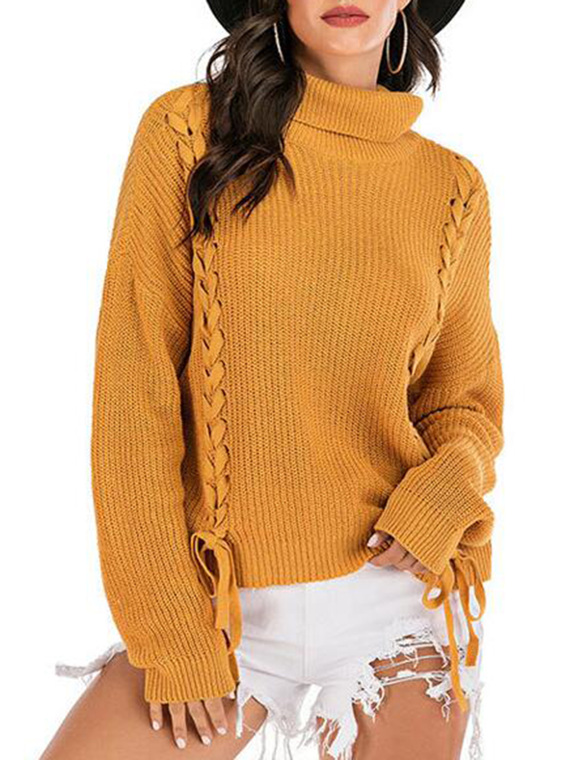 Yellow High Neck Lace Up Front Long Sleeve Sweater | Choies