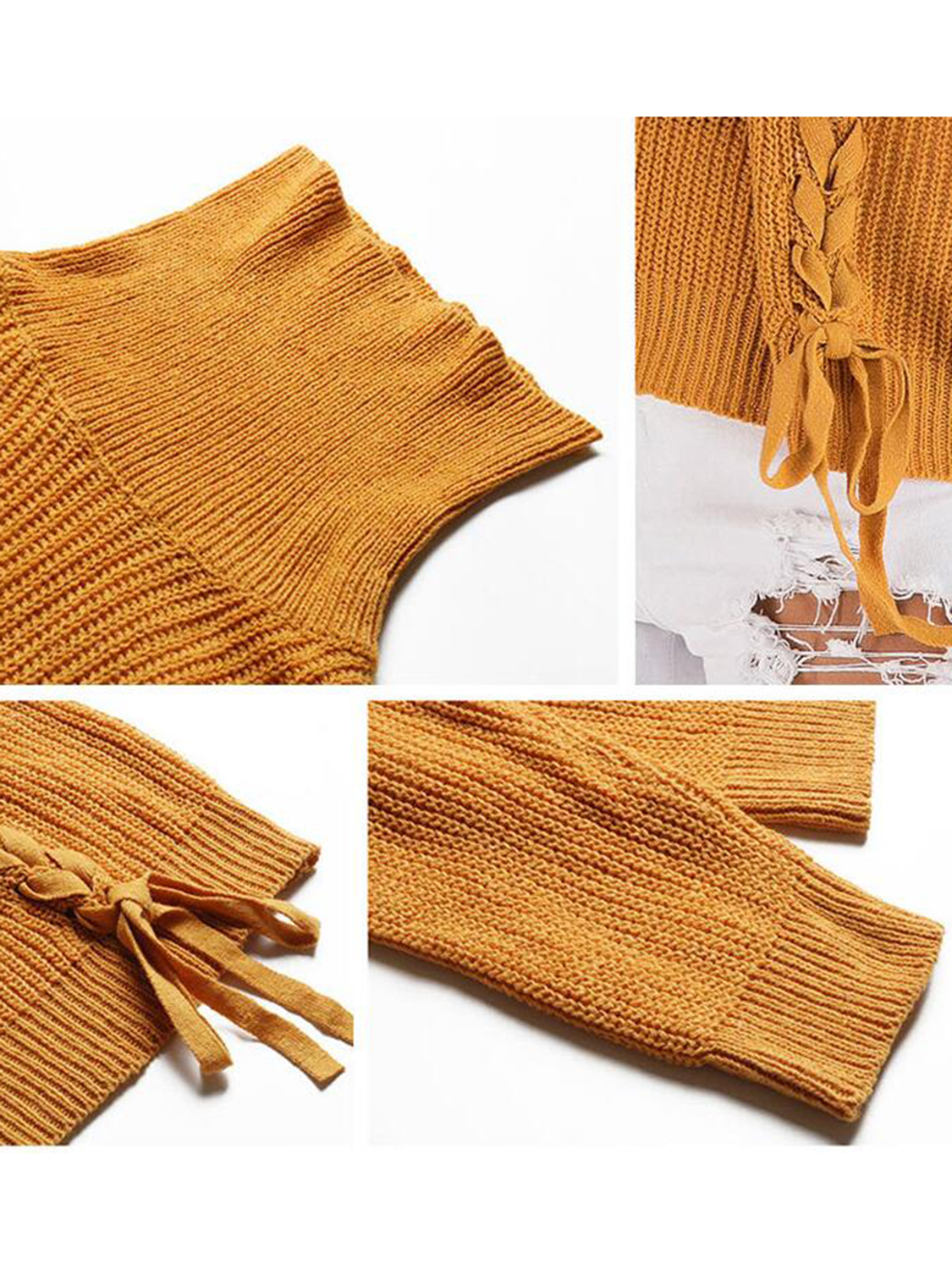 Yellow High Neck Lace Up Front Long Sleeve Sweater | Choies