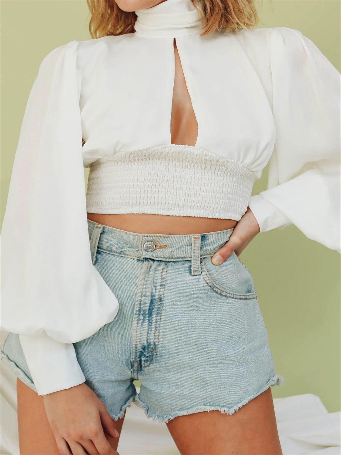 White Satin Look Open Back Puff Sleeve Crop Blouse | Choies