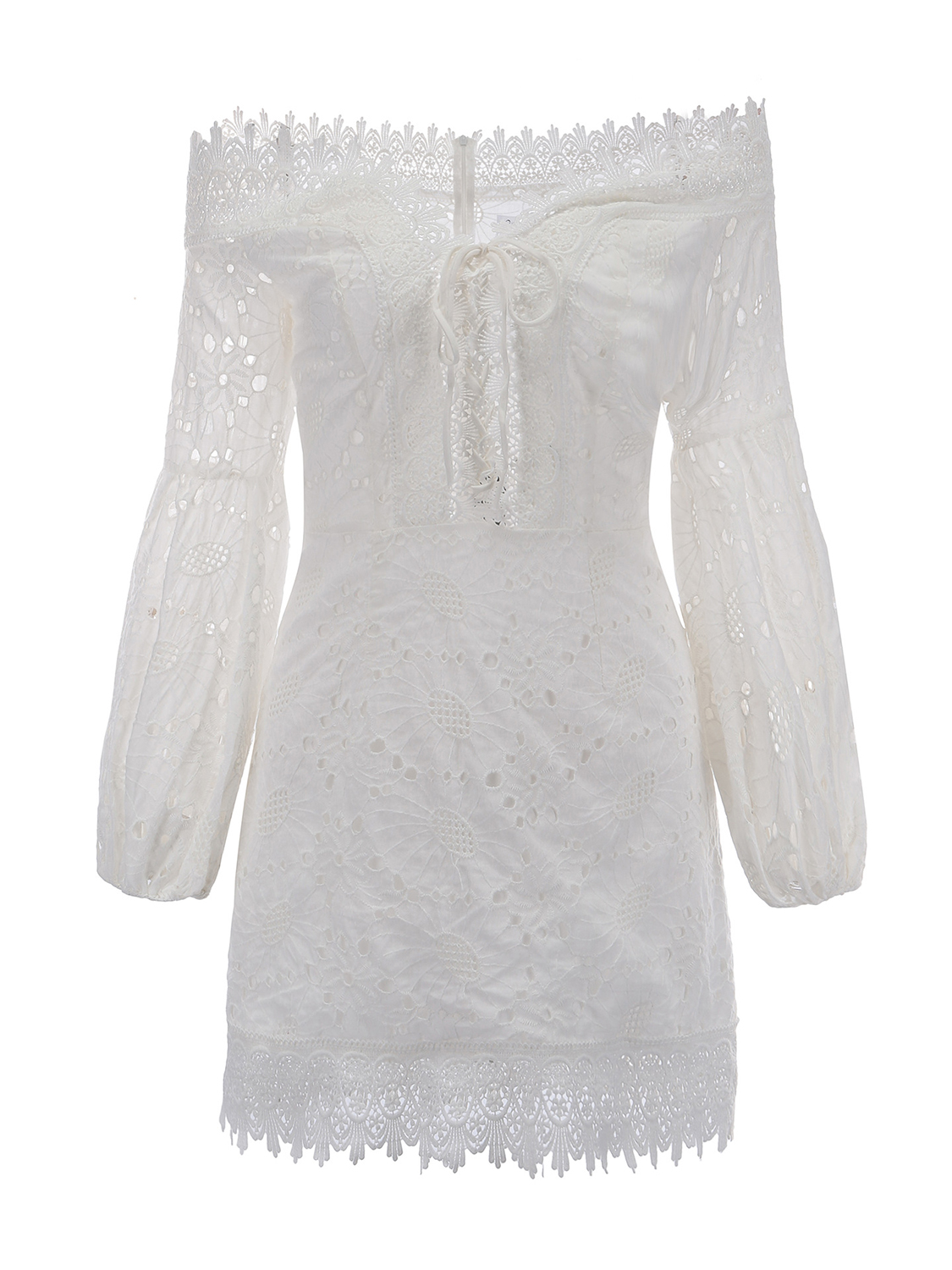 White Off Shoulder Lace Up Front Puff Sleeve Mini Dress | Choies