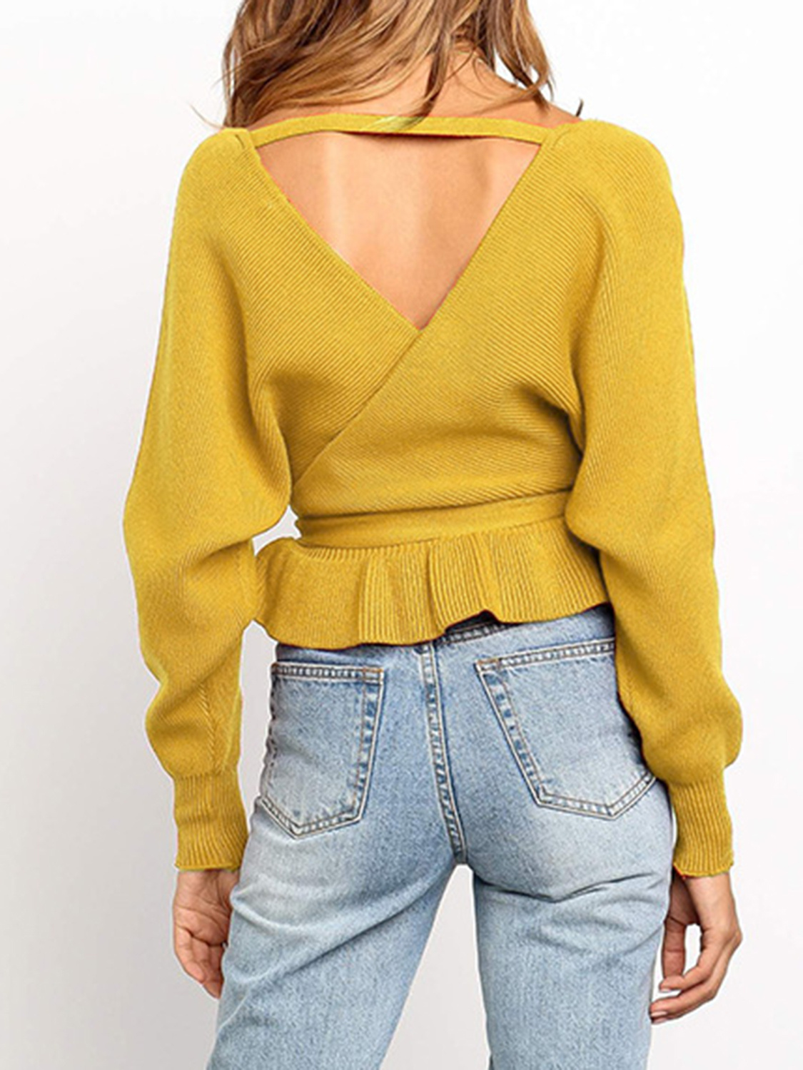 Yellow V-neck Long Sleeve Sweater | Choies
